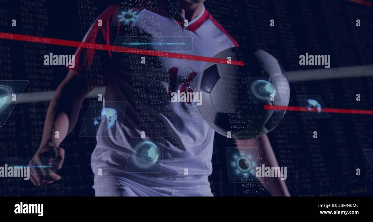 Displaying soccer ball, player wearing white jersey in front of goal ...