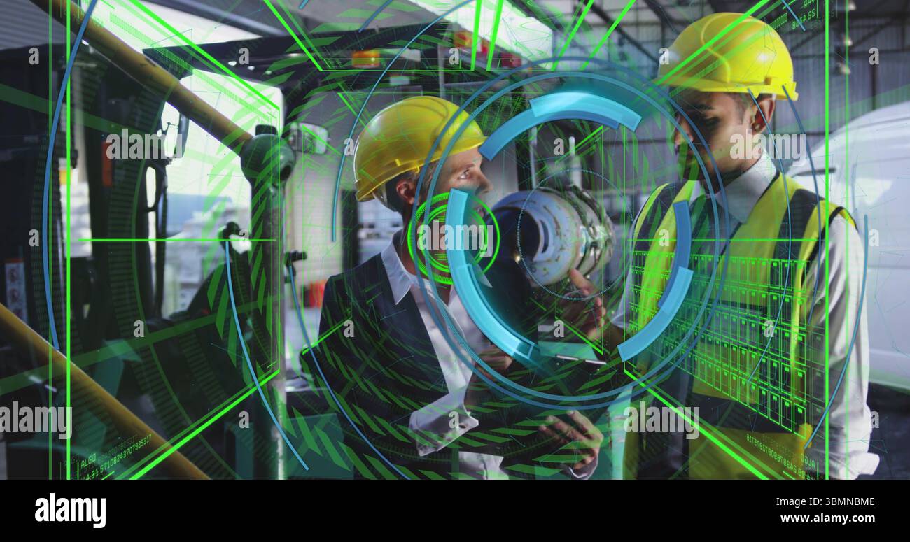 Engineers wearing helmets and vests inspecting turbine component in ...