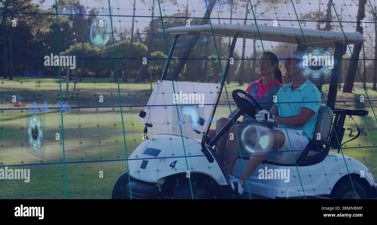 Driving couple gripping white golf cart steering wheel in golf glove on ...