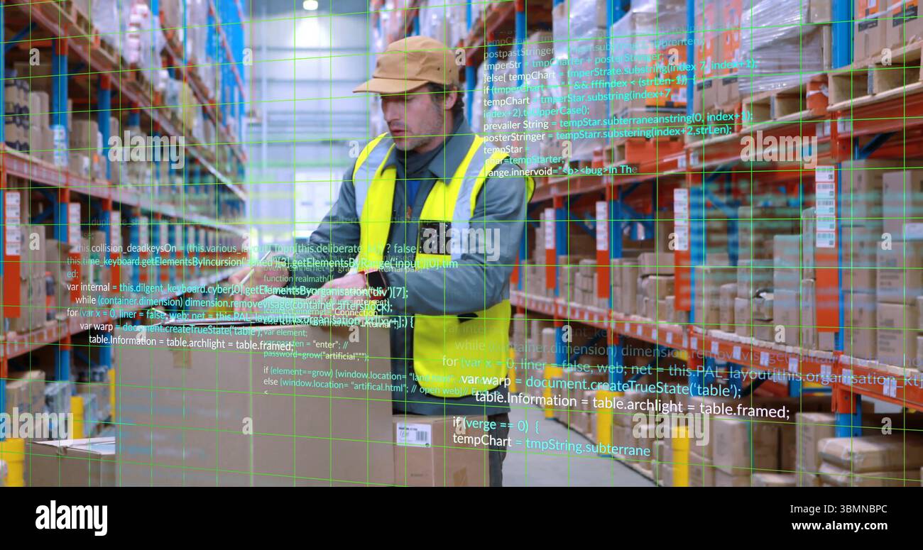 Warehouse worker wearing safety vest scanning boxes in storage aisle ...