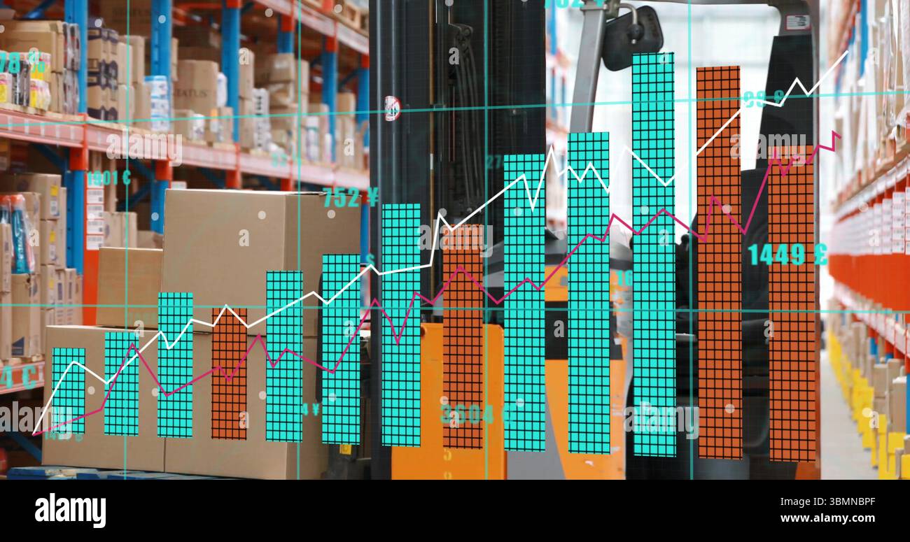 Operating forklift carrying pallet of boxes in warehouse, with teal bar charts, line graphs ...