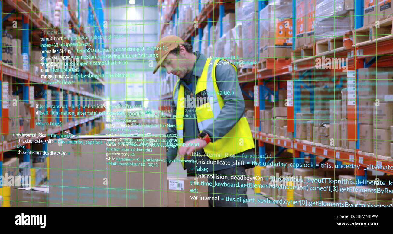 Standing warehouse worker in yellow vest surveying storage aisle, with ...