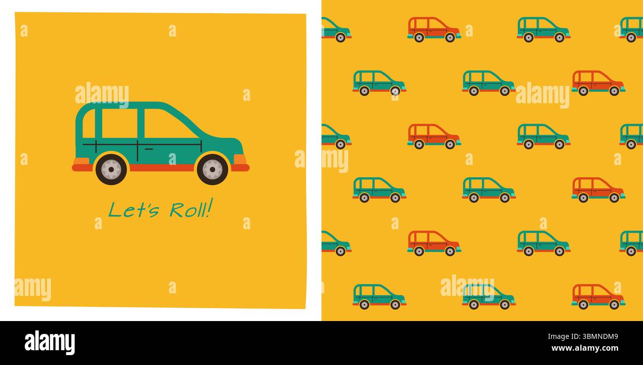 Retro Car cartoon seamless pattern. Hand drawn cute automobile car kid ...