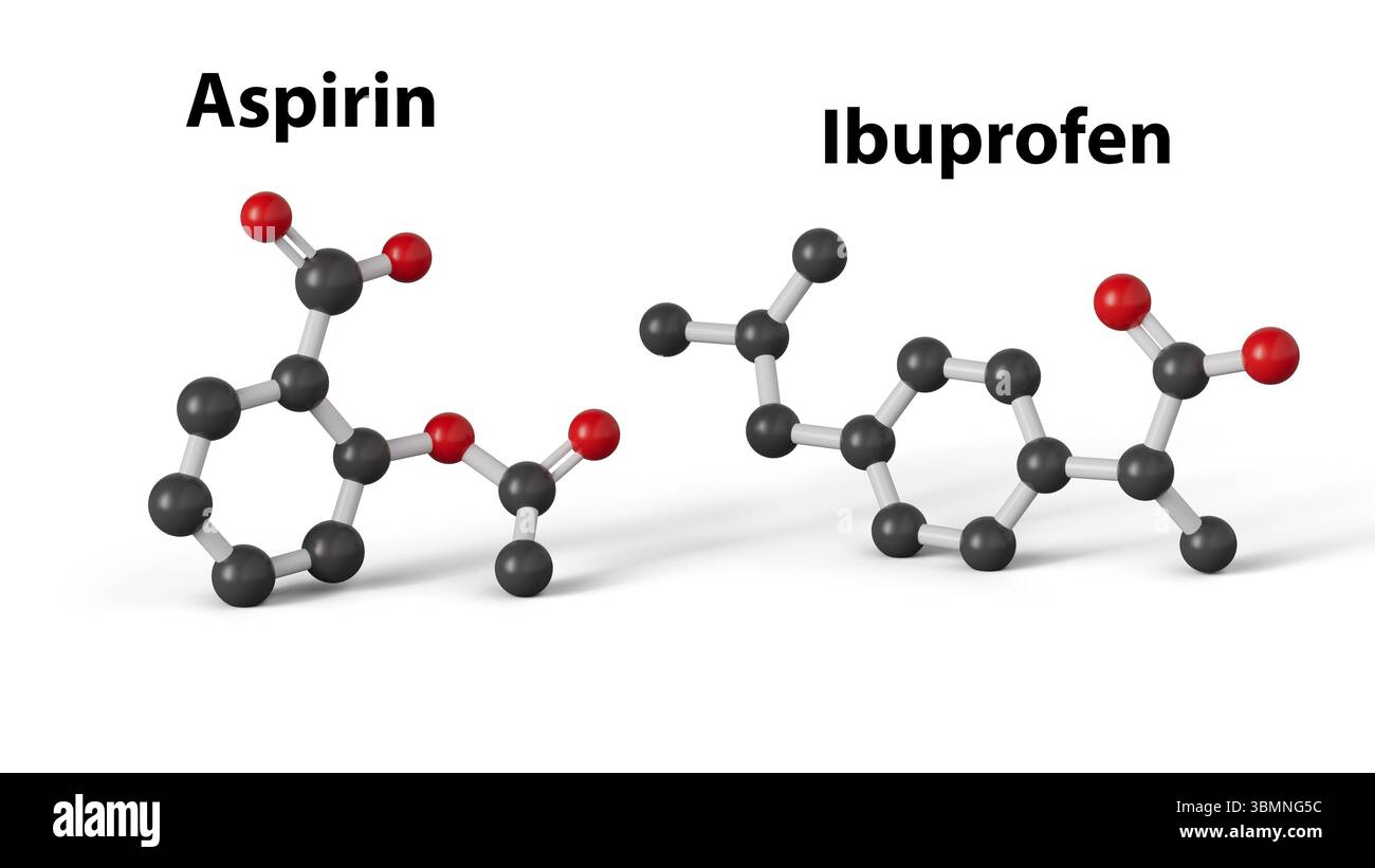 Illustration of aspirin (acetylsalicylic acid) and ibuprofen (2-(4 ...
