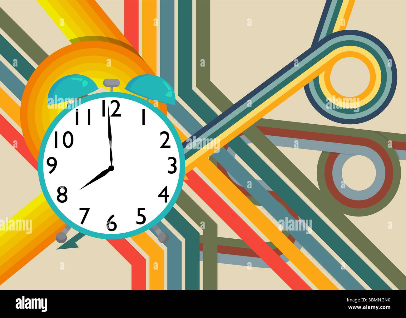 Retro 70s Background with Alarm Clock. Groovy Timer 1970s art template ...