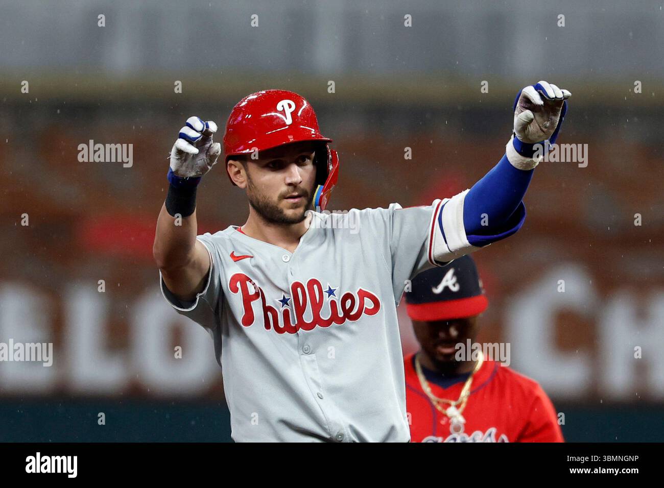 Philadelphia Phillies' Trea Turner reacts after hitting a double during ... Philadelphia Phillies' Trea Turner reacts after hitting a double during ...