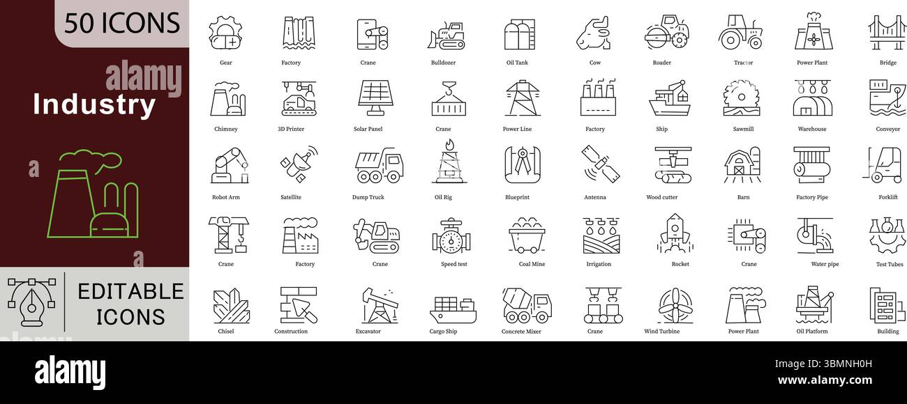 Industry Manufacturing Icon Set - 50 Editable Industrial Production ...