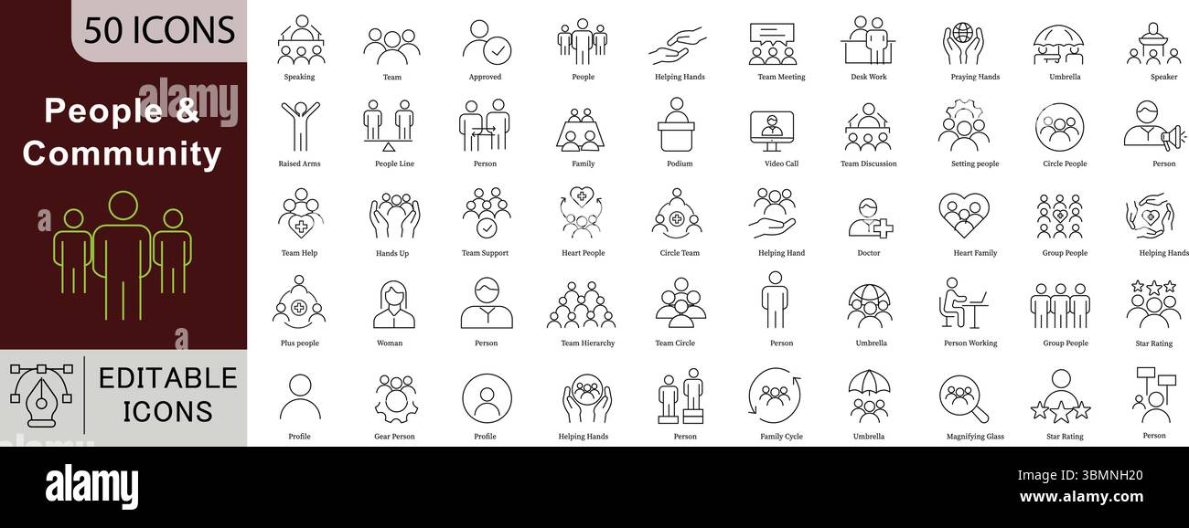 People Community Icon Set - 50 Editable Social Group Icons for Teamwork ...