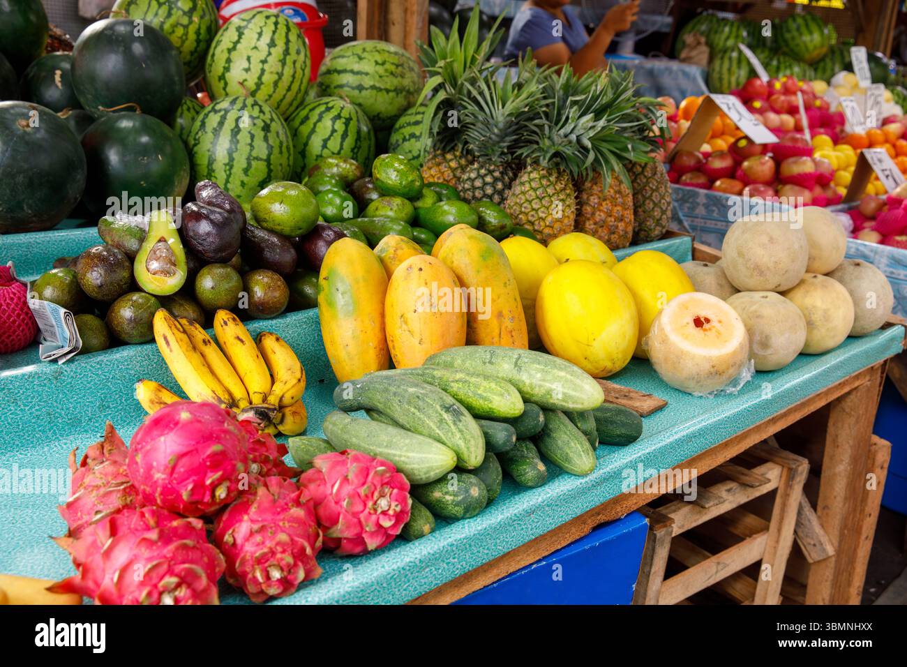 Tropical fruits including watermelon, pineapple, papaya, dragon fruit ...