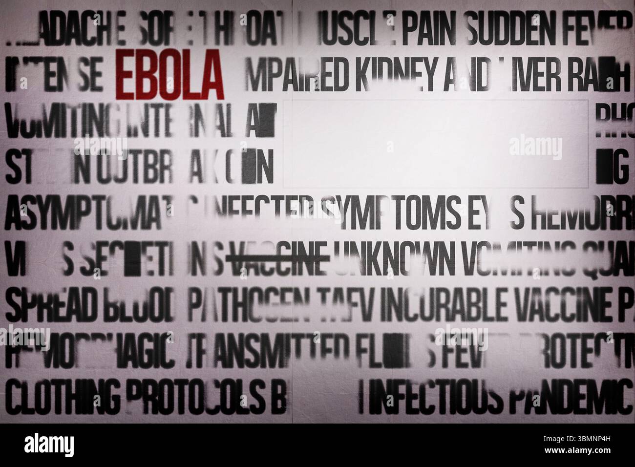 Flat poster featuring gray background, showing red EBOLA among black ...