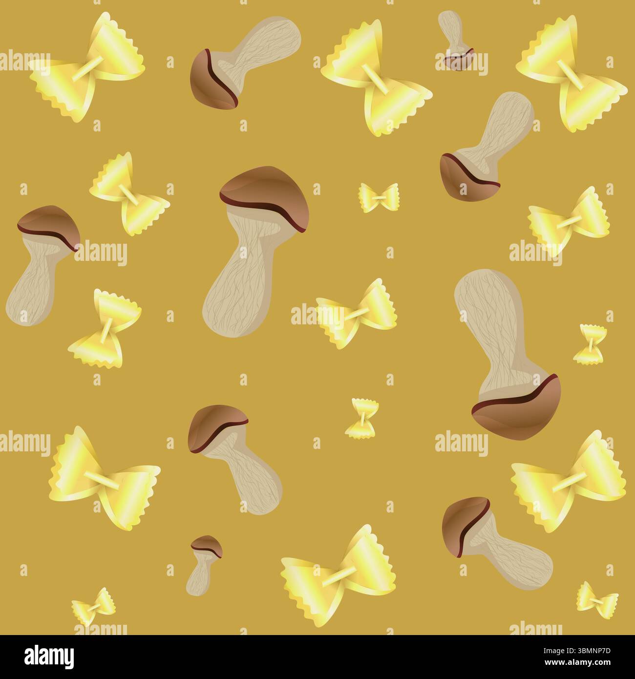 Square image of repeated bow tie pasta shapes and brown mushrooms on ...