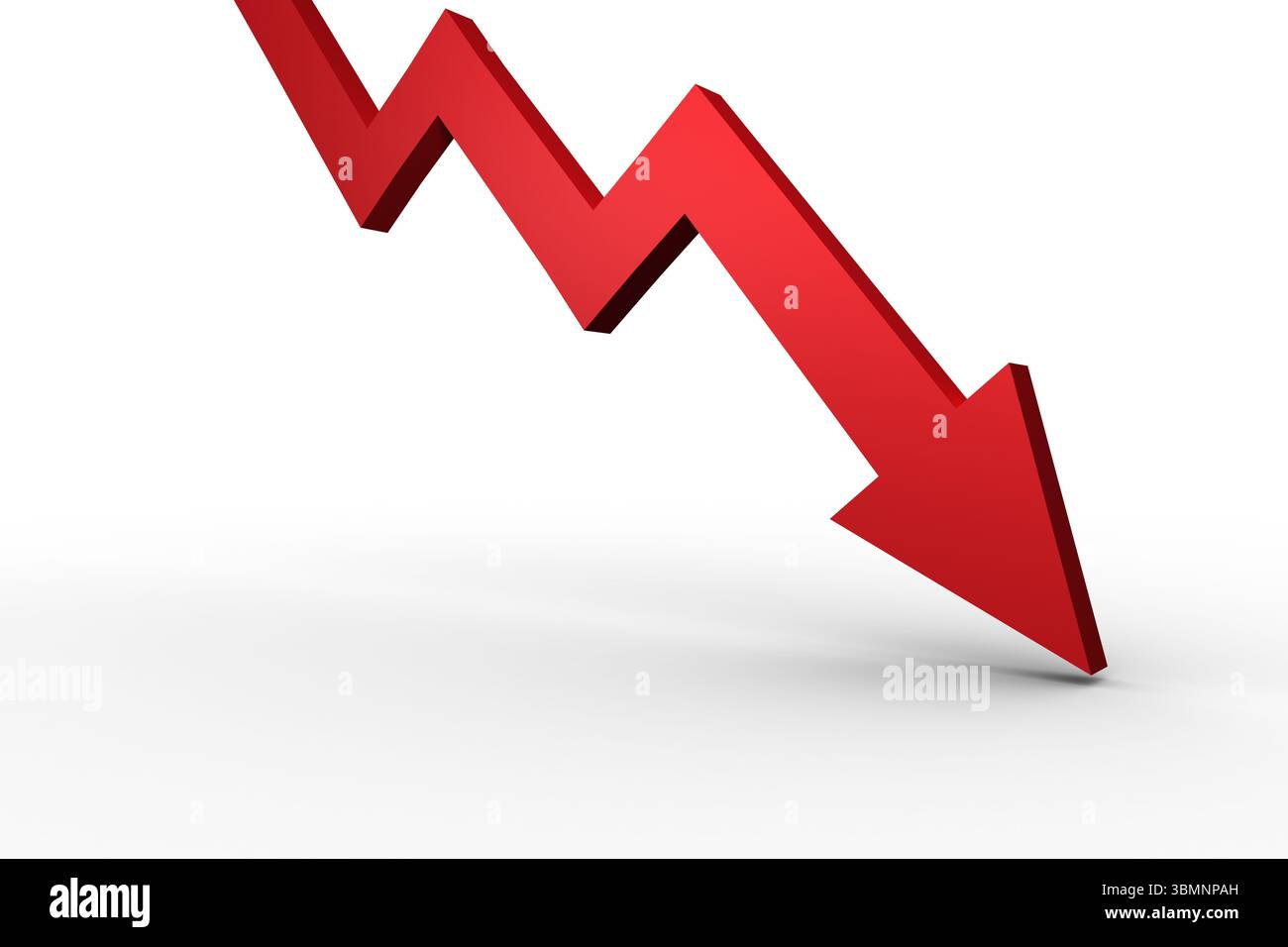 3D red zigzag arrow trending downward across white studio backdrop ...