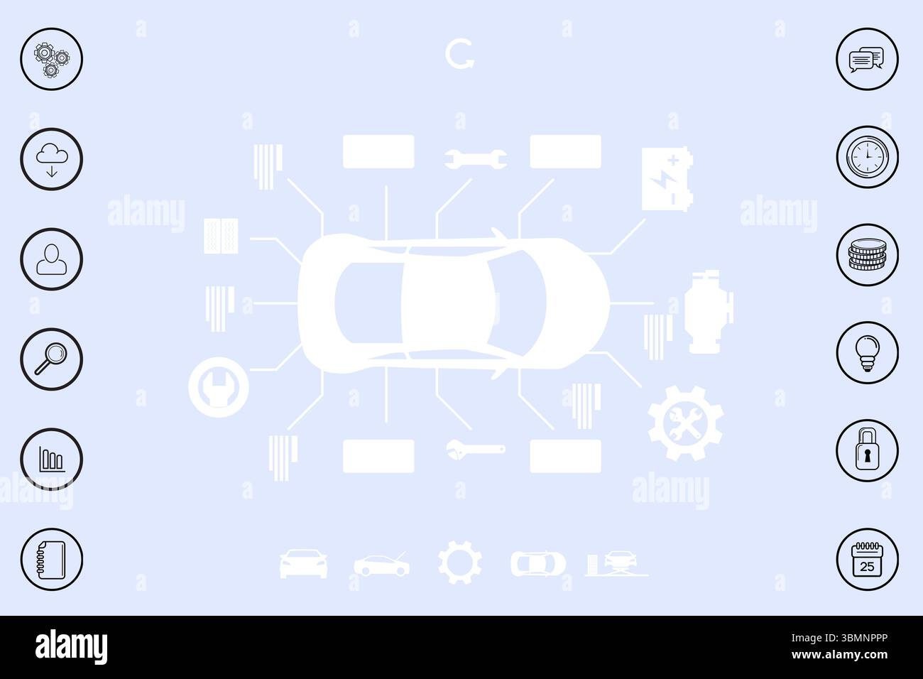 White car schematic is being shown in flat dashboard interface with ...