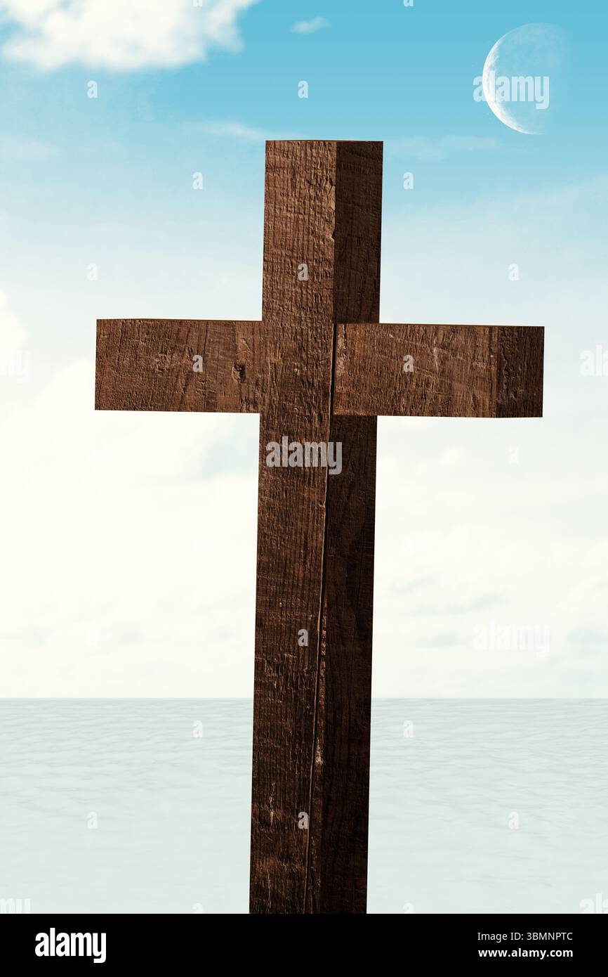 Wooden cross is standing above calm sea in flat design, showing wispy ...