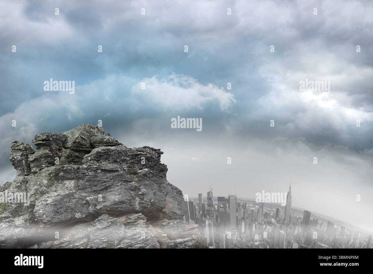 Jagged rock formation is towering on high cliff edge in flat design ...