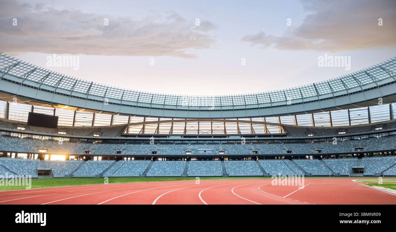 Flat design is showing empty red running track in stadium with seating ...