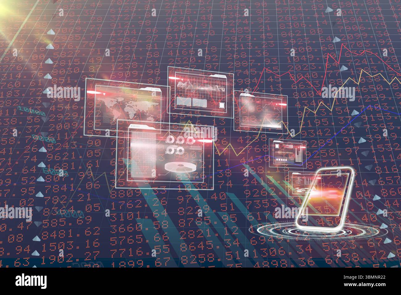 Stylized flat design showing hovering panels and smartphone projecting holographic financial ...