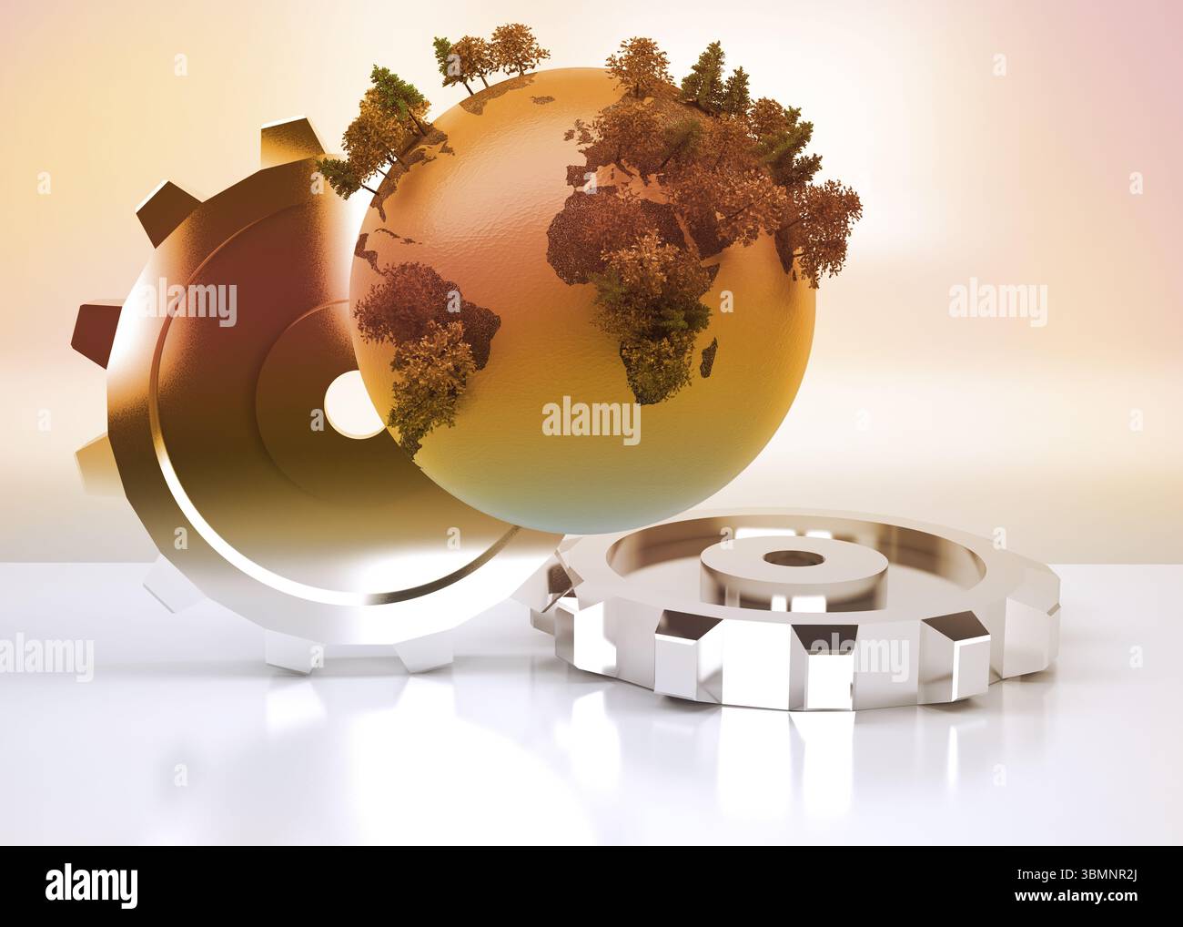 Golden Earth globe with sprouting trees is resting between gears under ...