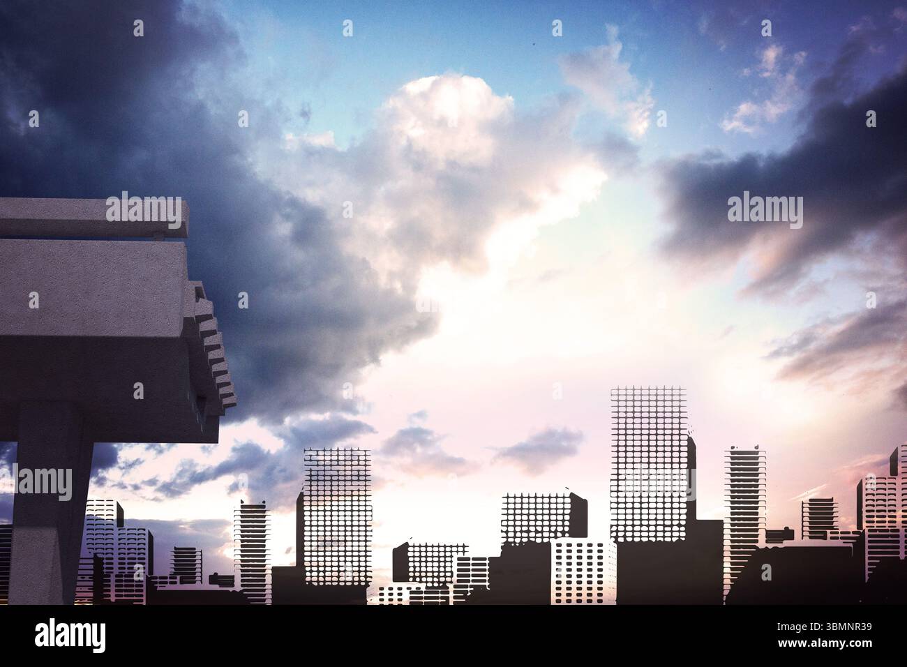 Concrete overhang structure is jutting from rooftop in flat design ...