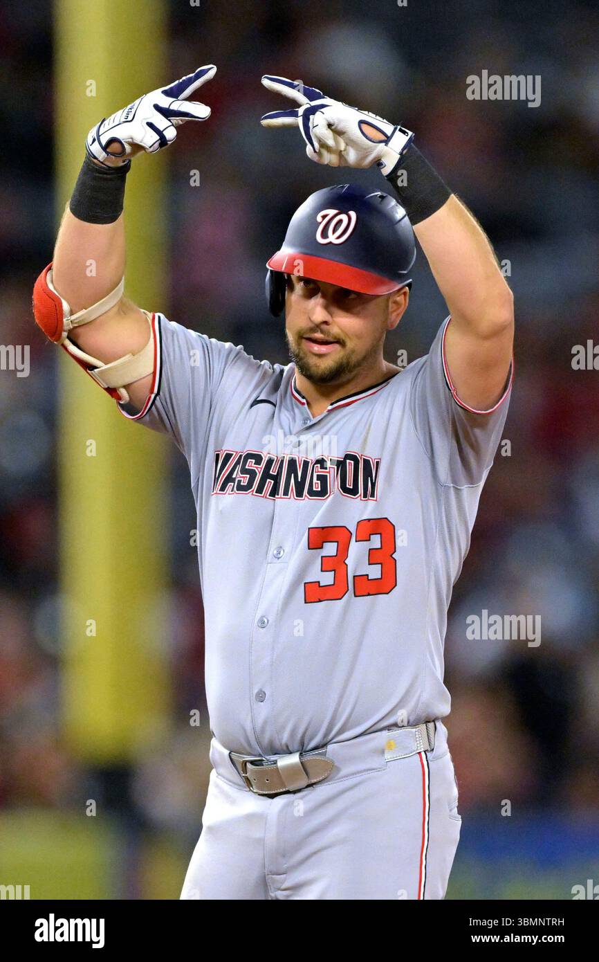 Washington Nationals first baseman Nathaniel Lowe gestures to the ...