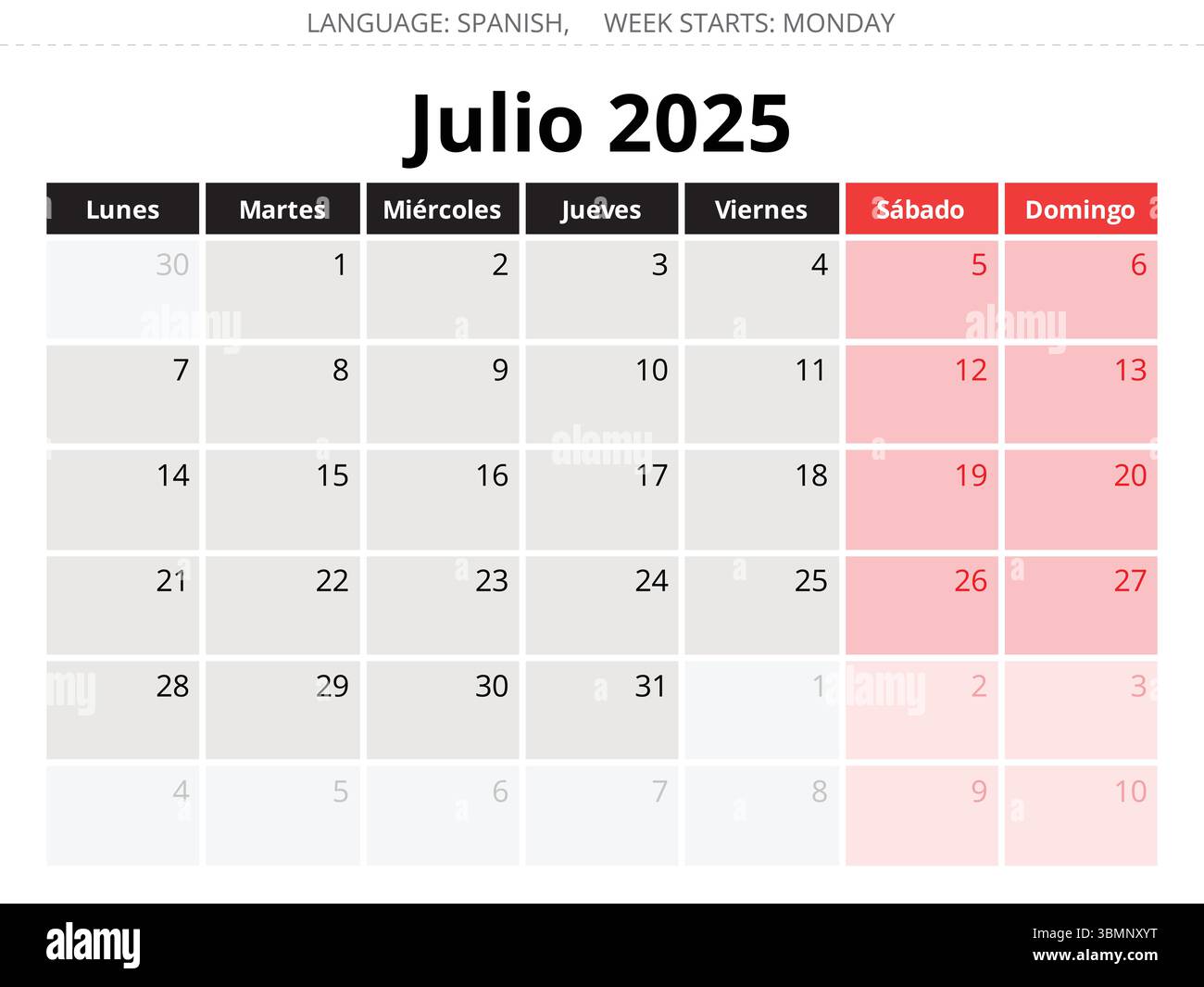 2025 Spanish july monthly calendar - julio. Vector illustrations for ...