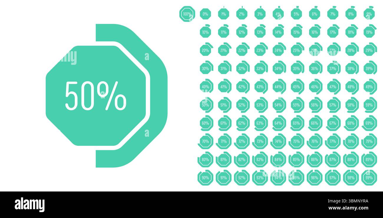 Set of octagon percentage diagrams meters from 0 to 100 ready-to-use ...