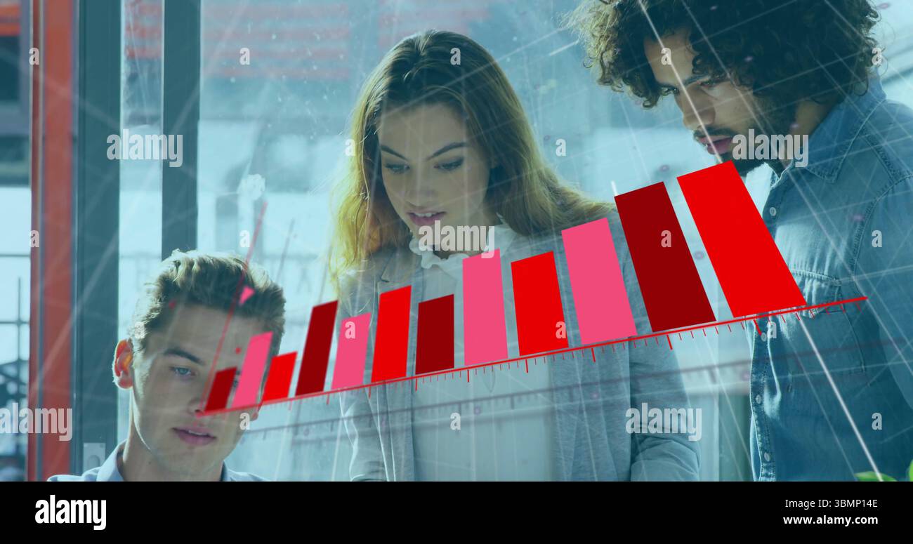 Reviewing three professionals studying red bar chart projection in ...