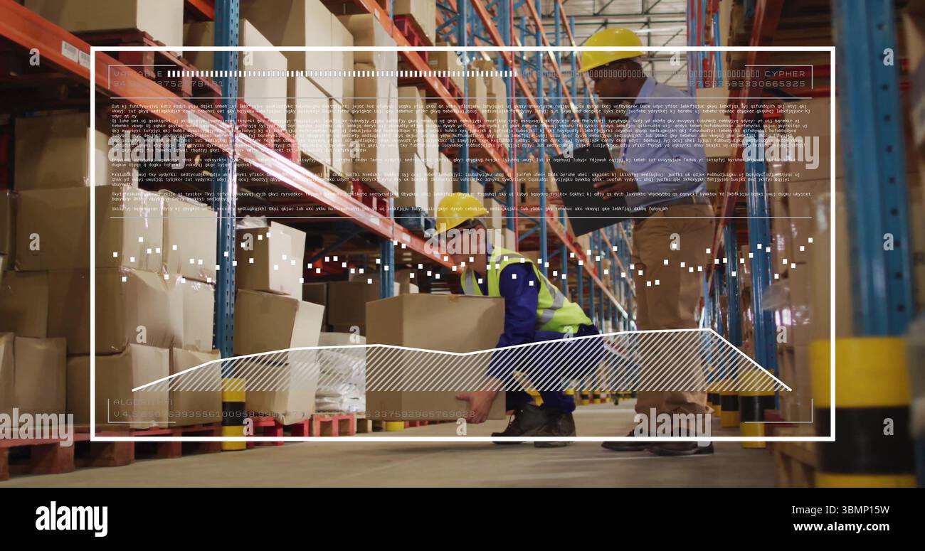 Warehouse workers in safety gear handling boxes scanning stock in ...