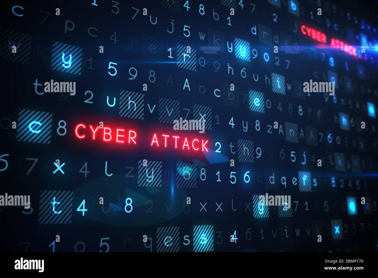Red glowing CYBER ATTACK text is floating over dark digital code grid ...