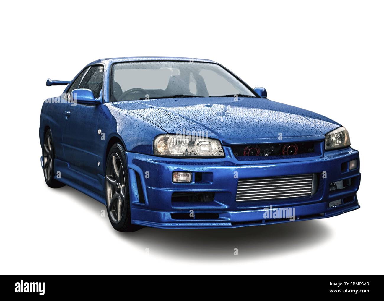 Blue Nissan Skyline GTR R34 parked after the rain showing its tuning ...
