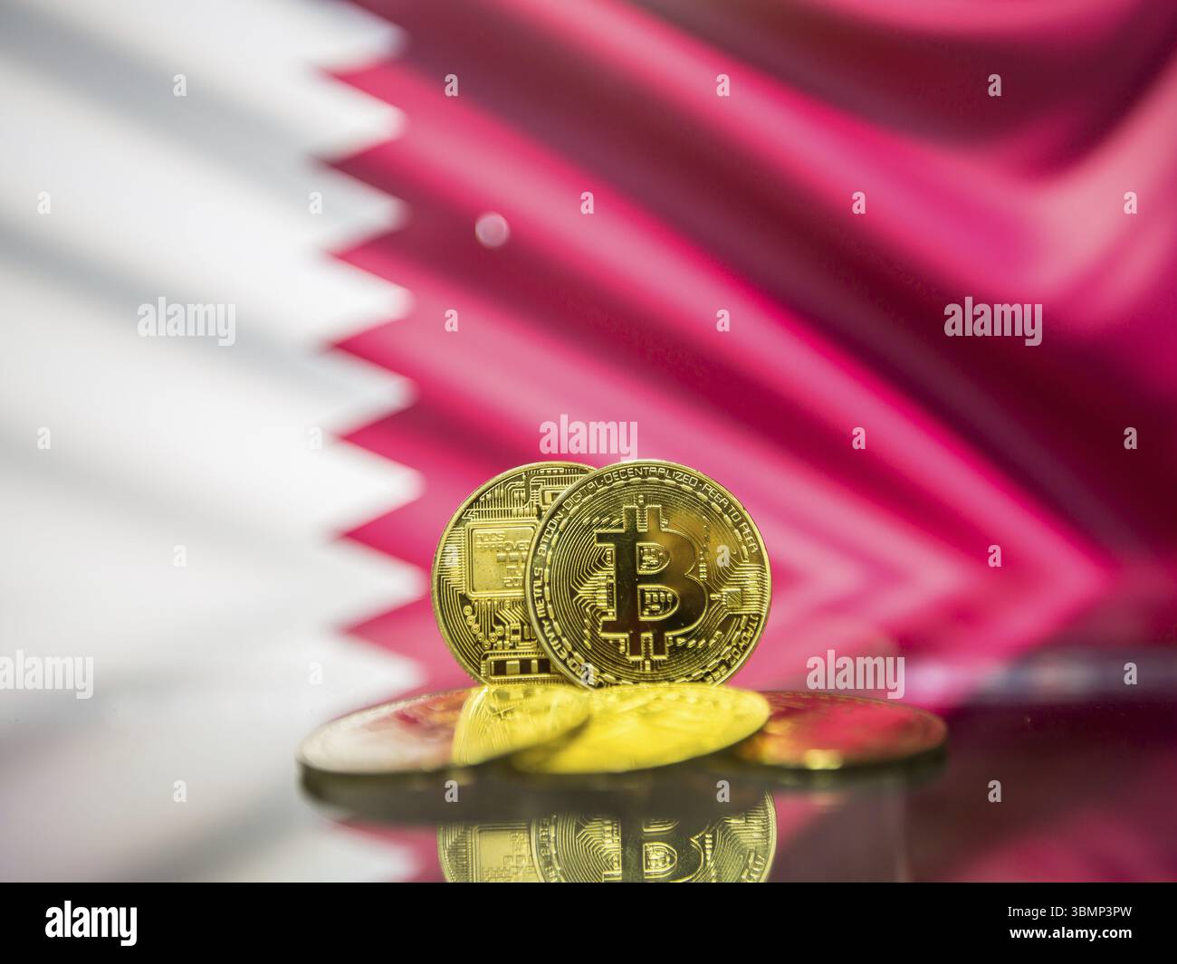 Bitcoin gold coin and defocused flag of Bahrain background. Virtual ...