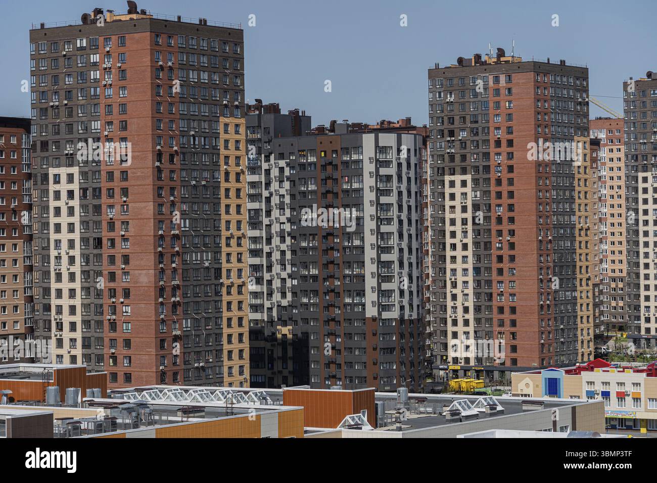 New building facade in housing complex. Modern style in architecture ...