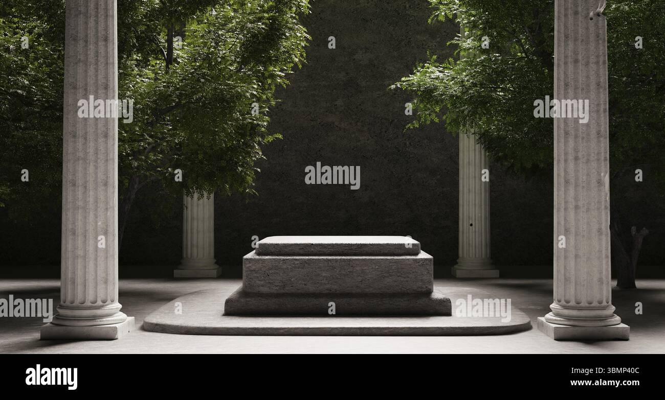 Rectangle stone platform with Corinthian pillars and natural trees with ...