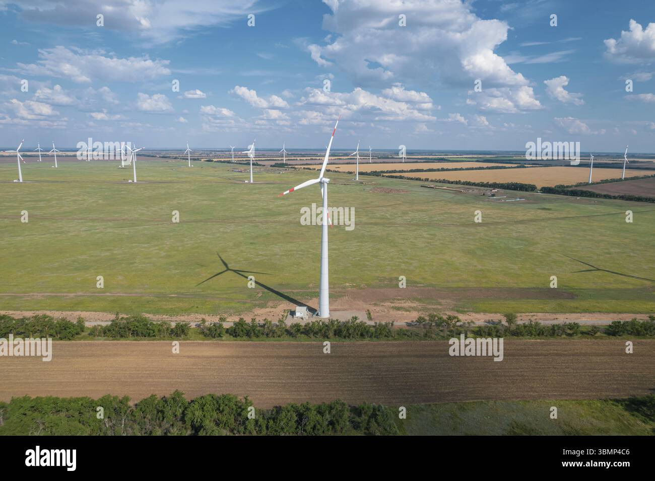 Aerial view of Wind power turbine is a popular sustainable, renewable ...