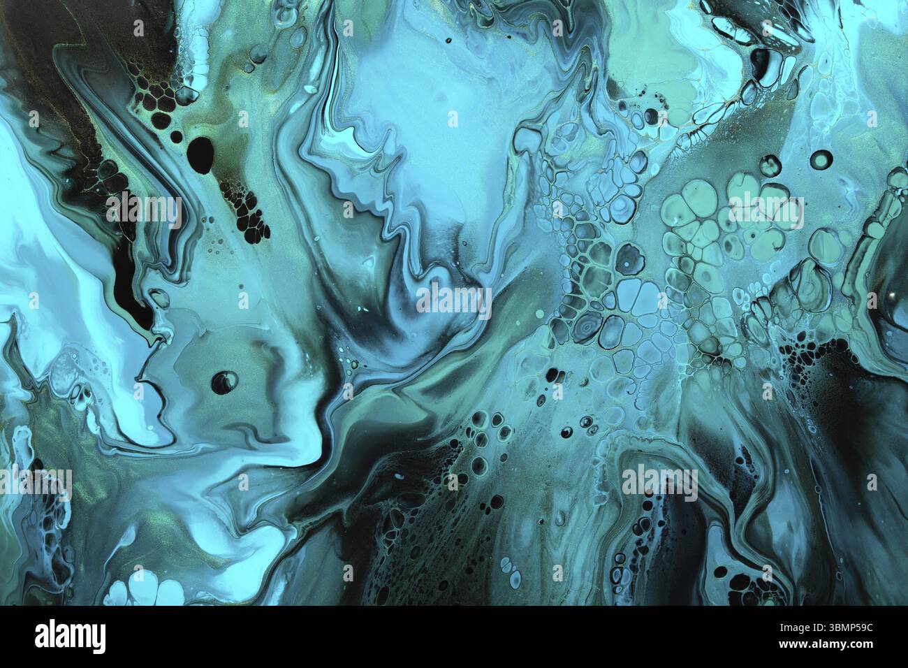 Fluid Art. Green and blue abstract wave swirls on black background ...