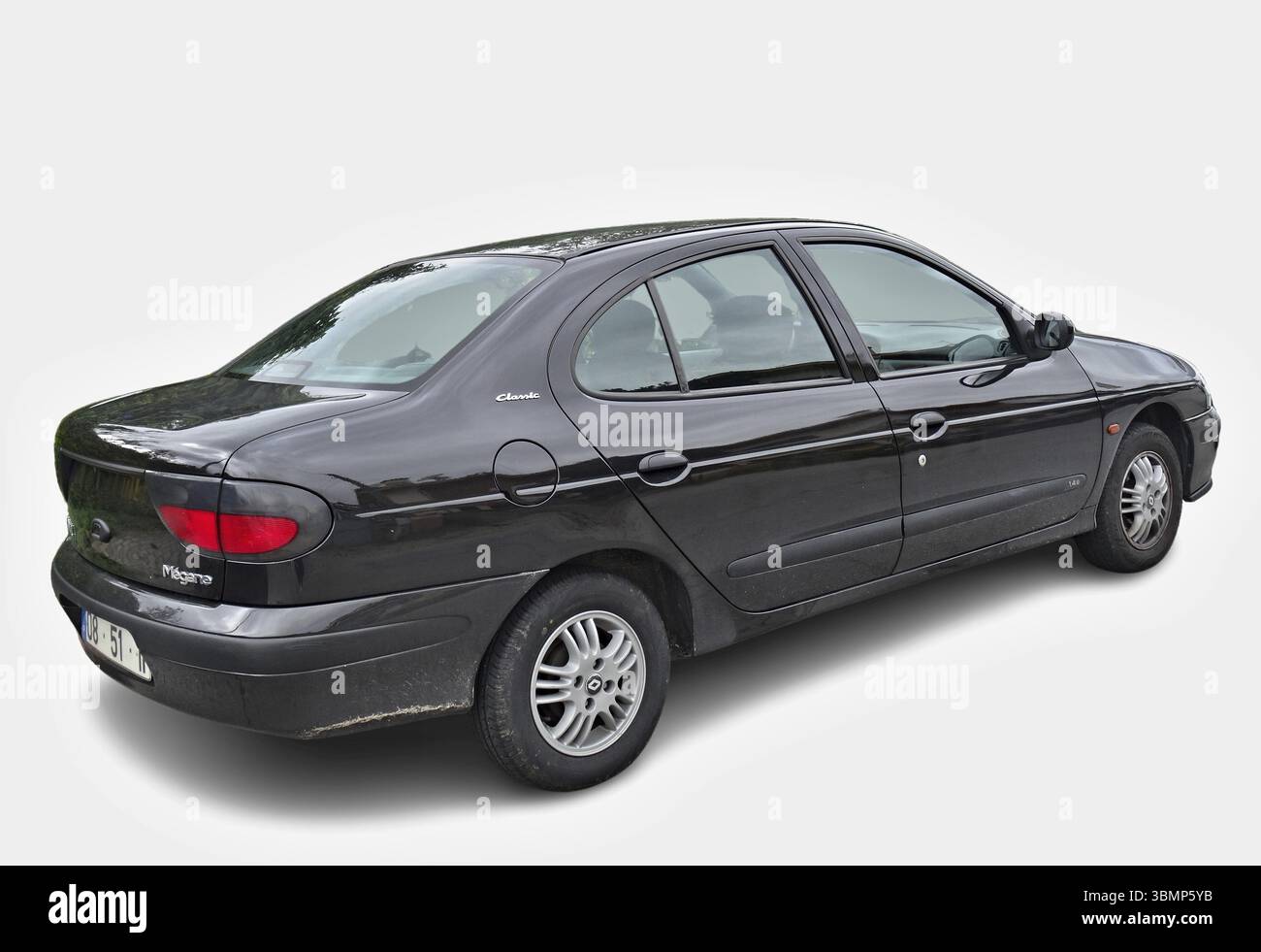 Rear view of a black Renault Megane Classic car parked on a white ...