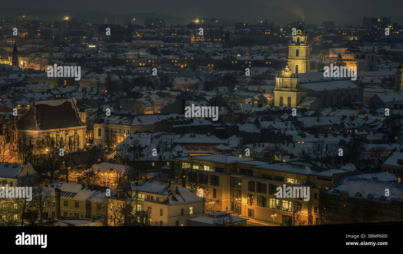 Night panorama of the Vilnius Old Town from the Hill of Three Crosses ...