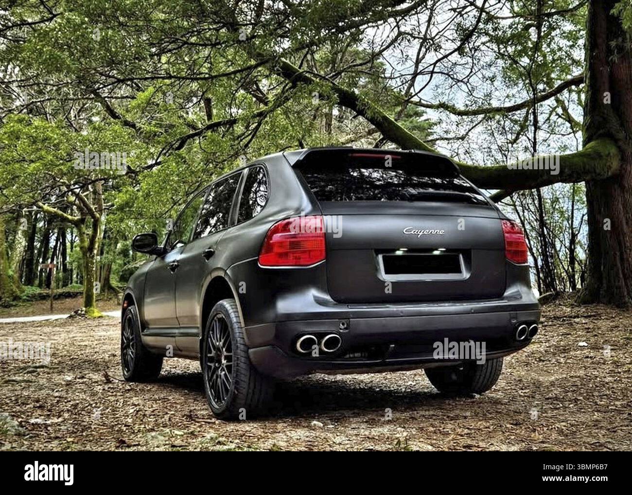 Rear view of a matte black Porsche Cayenne parked in a forest Stock ...