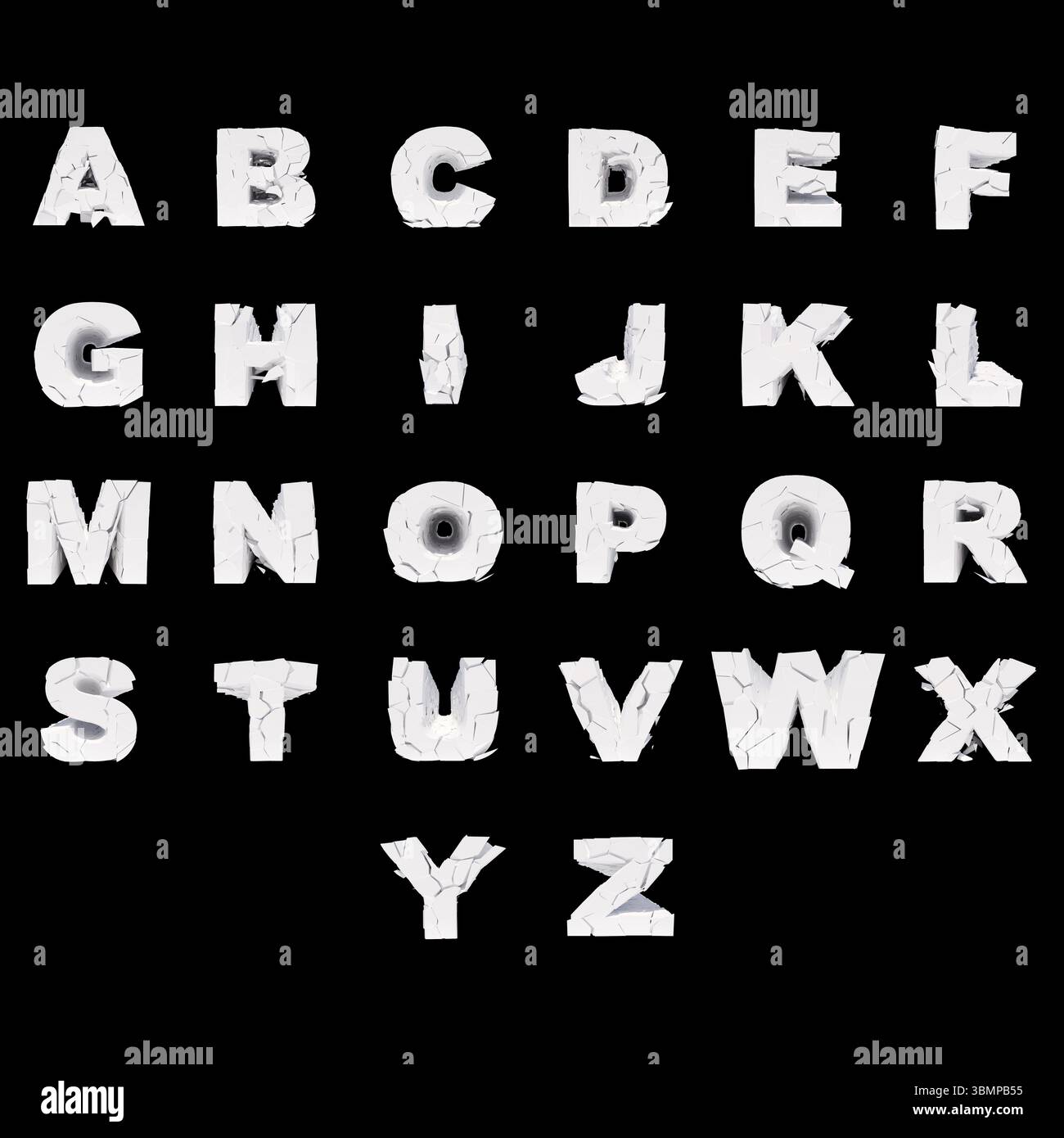 Isolated cracked alphabet letters on a black background. 3D ...