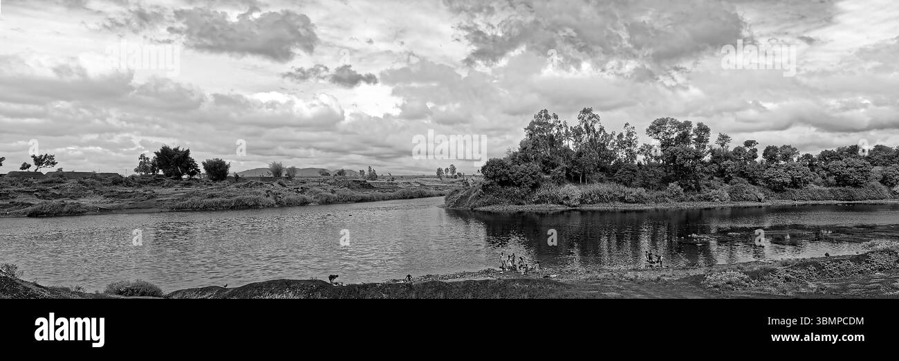 Black and white photo of Sangam confluence of river Krishna and Warna ...