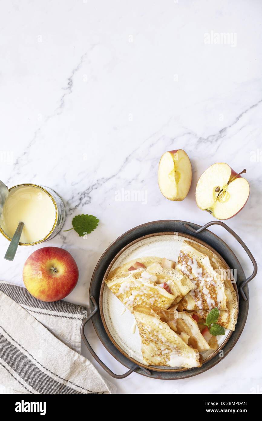 Celebrating Pancake day, healthy breakfast. Homemade sweet crepes with ...