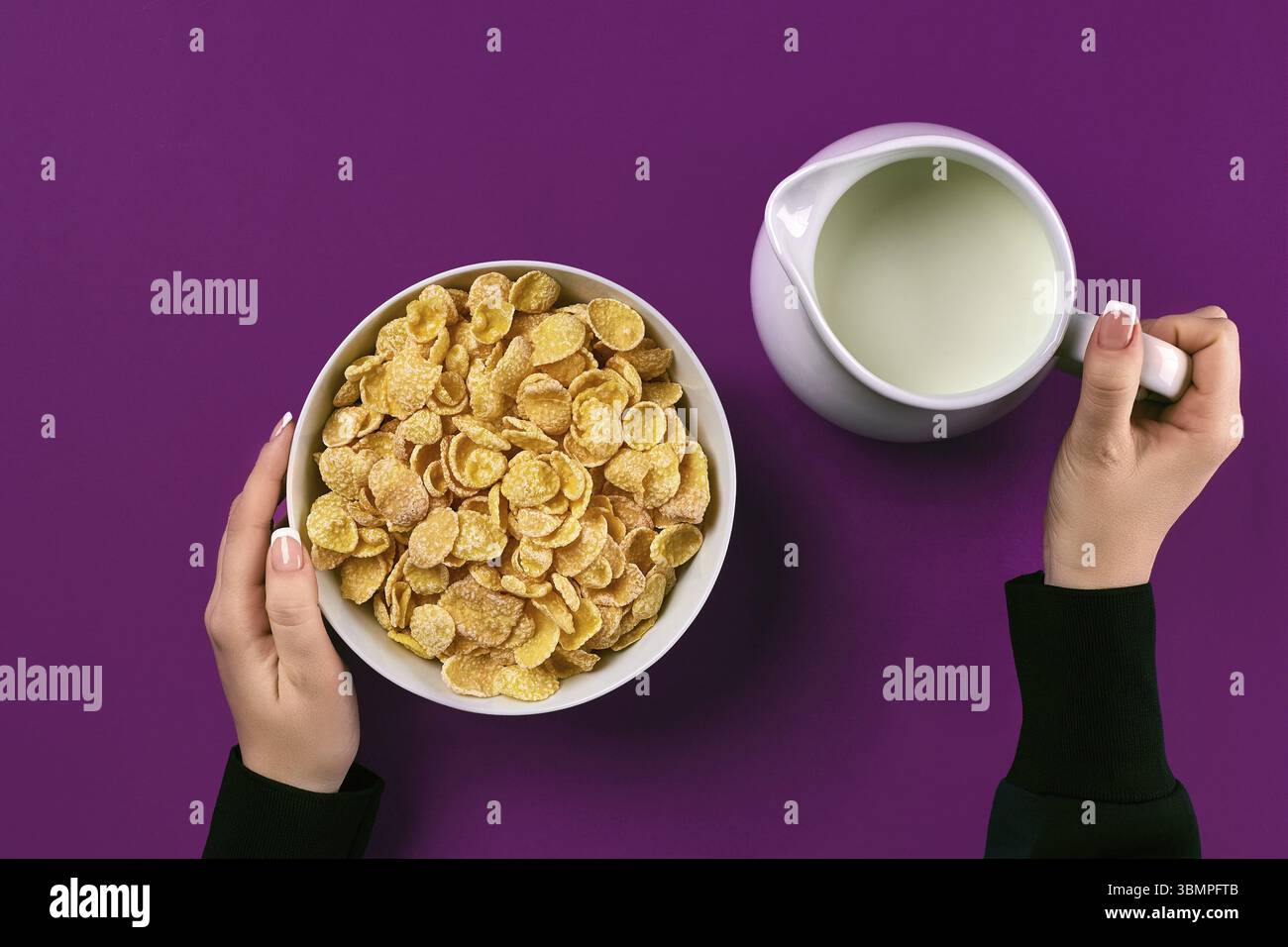 Food and people concept - hands of woman eating cereals corn flakes for ...