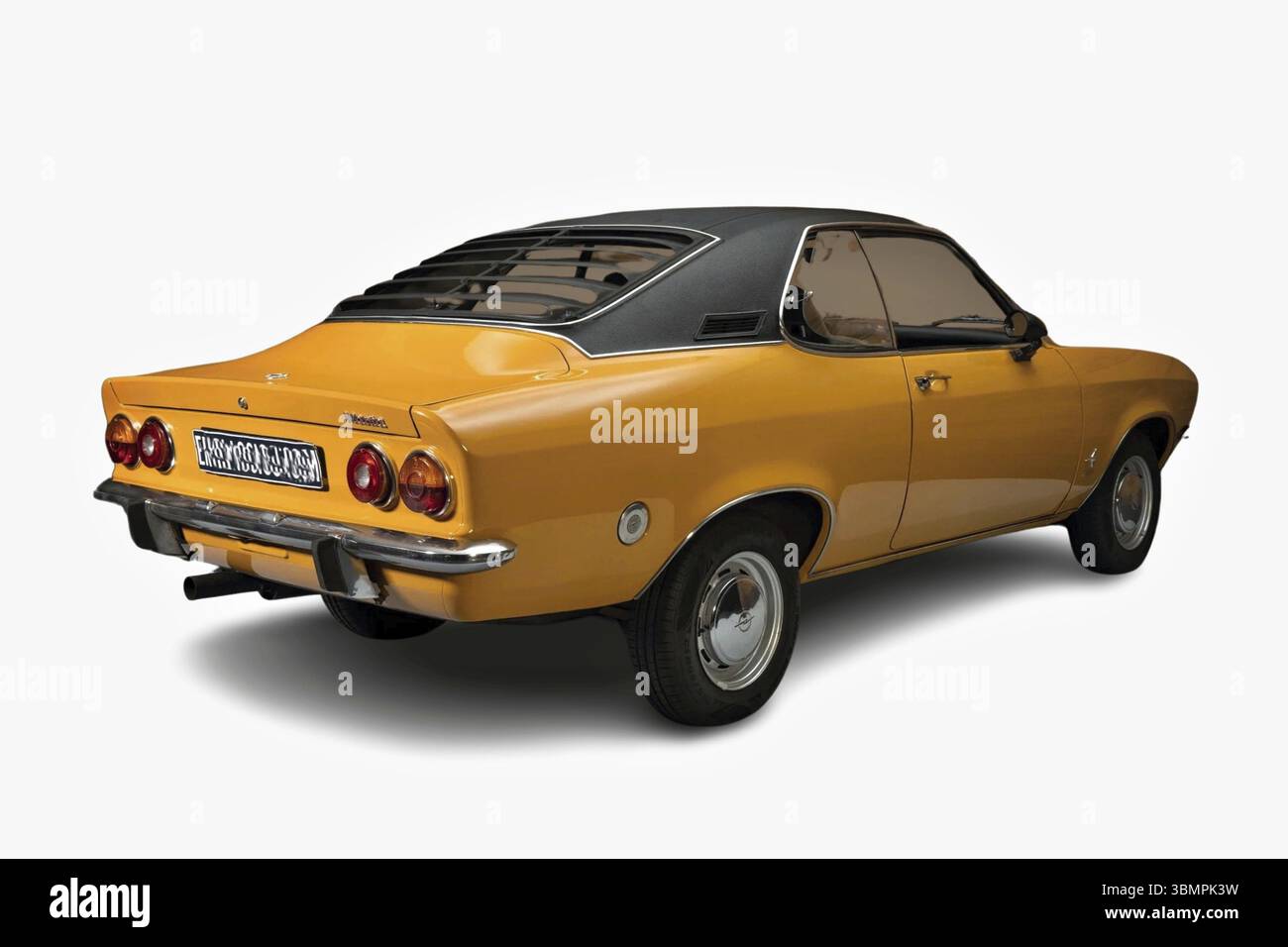 Yellow Opel Manta A vintage car parked, rear view, isolated on white ...