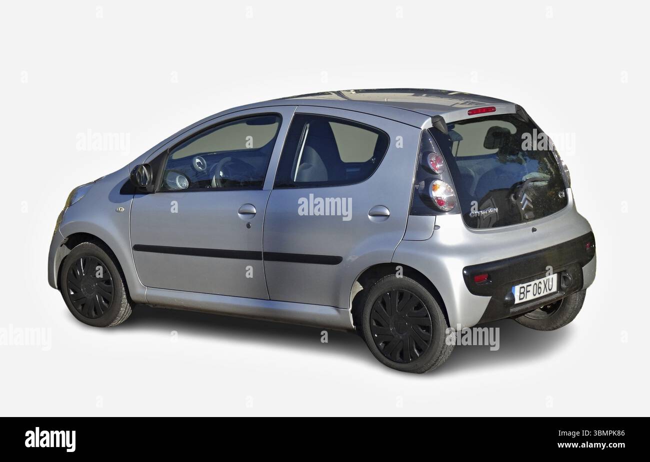 Modern silver city car Citroen C1 isolated on white background, showing ...