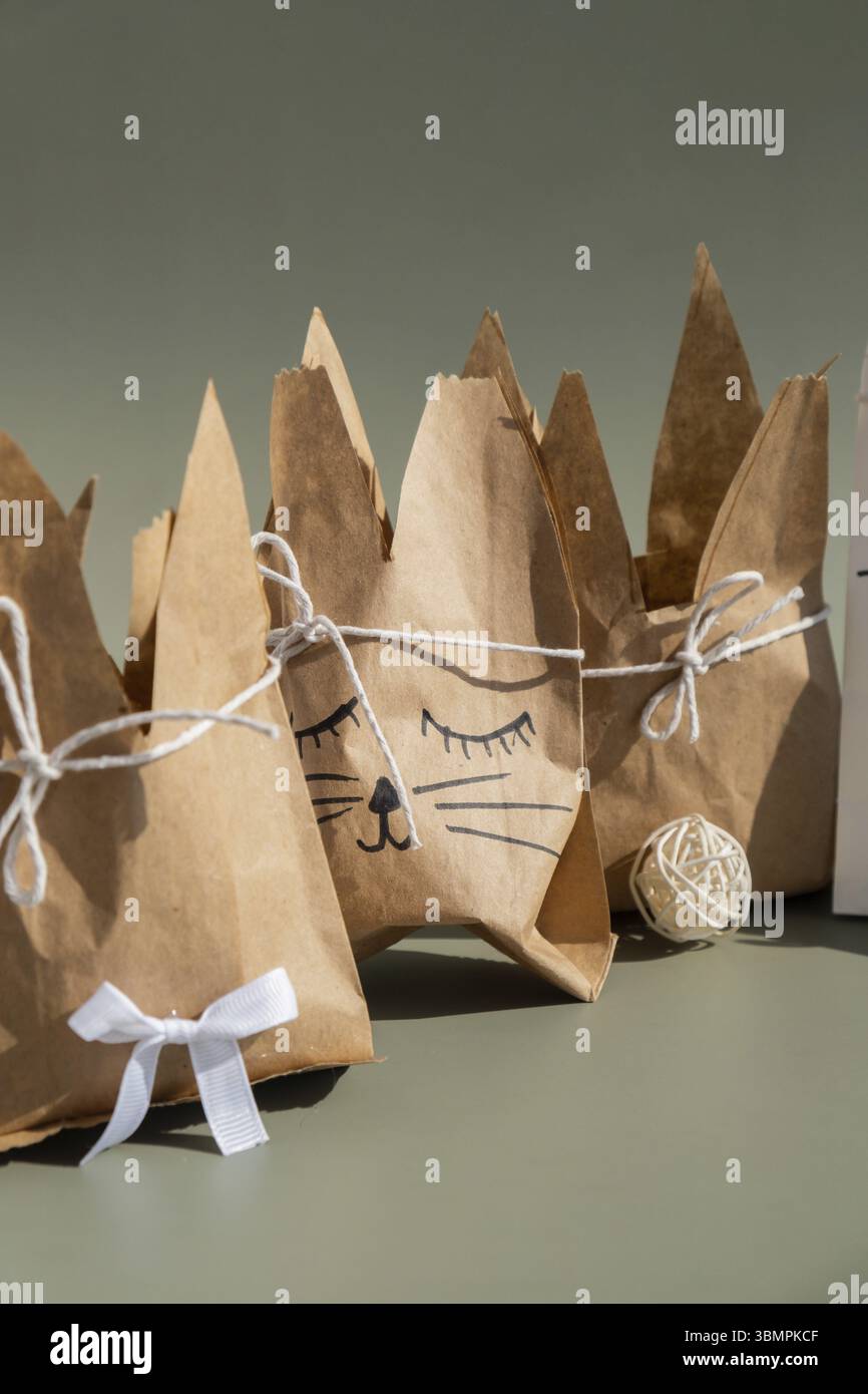 DIY candid Easter present paper bag bunny arrangement decor. Series of ...