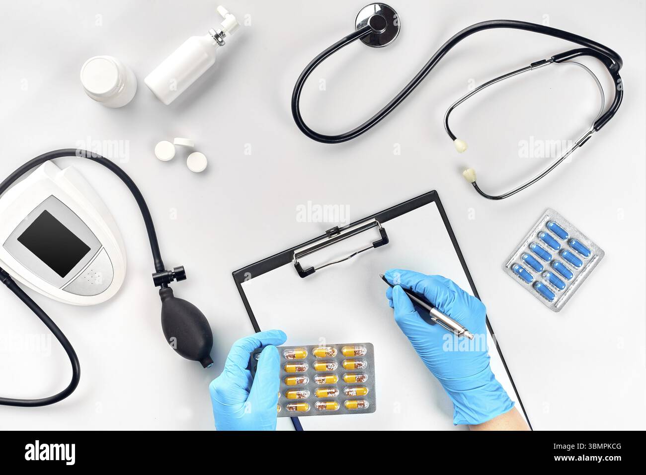 Doctor s table, tools, medical instruments, therapist tonometer, blood ...