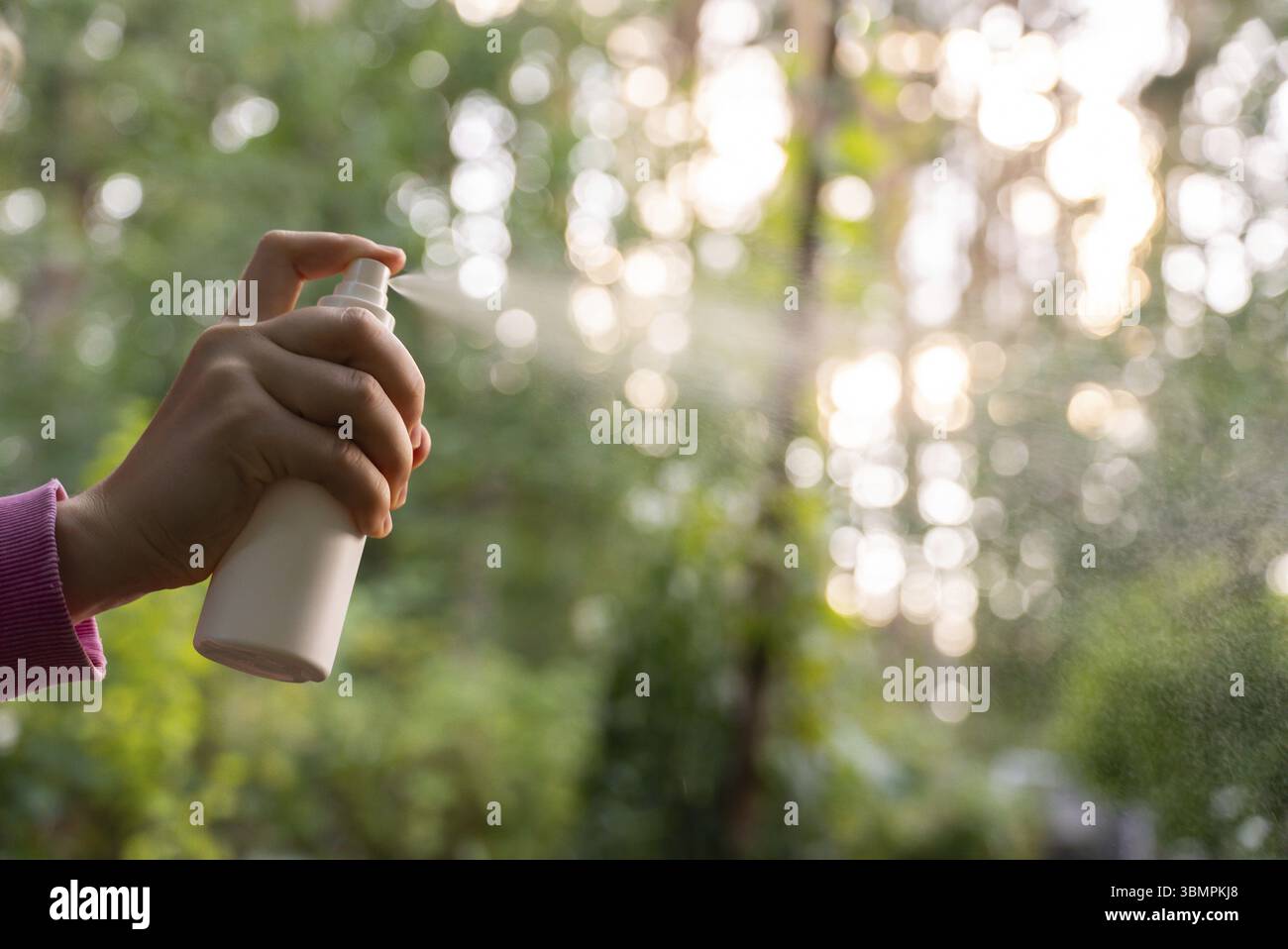 Hand applying insect repellent mosquito insecticide spray to kill flies ...