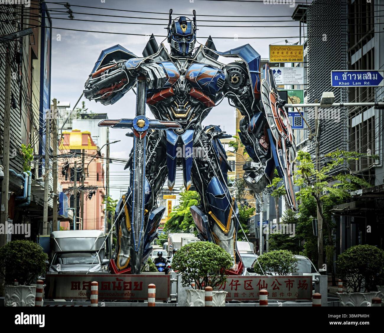 Giant Optimus Prime robot statue holding sword in Khao Lam Road in ...