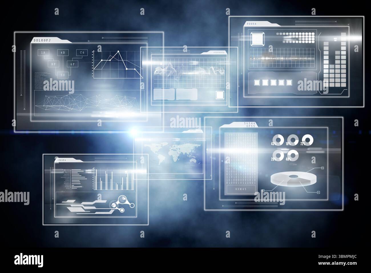 Displaying flat-design interface: charts, world map, data grid, circuit connectors amid blue ...