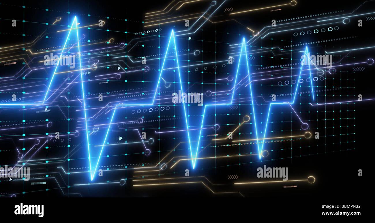 Pulsing blue neon waveform oscillating on futuristic interface, with circuit traces and data ...